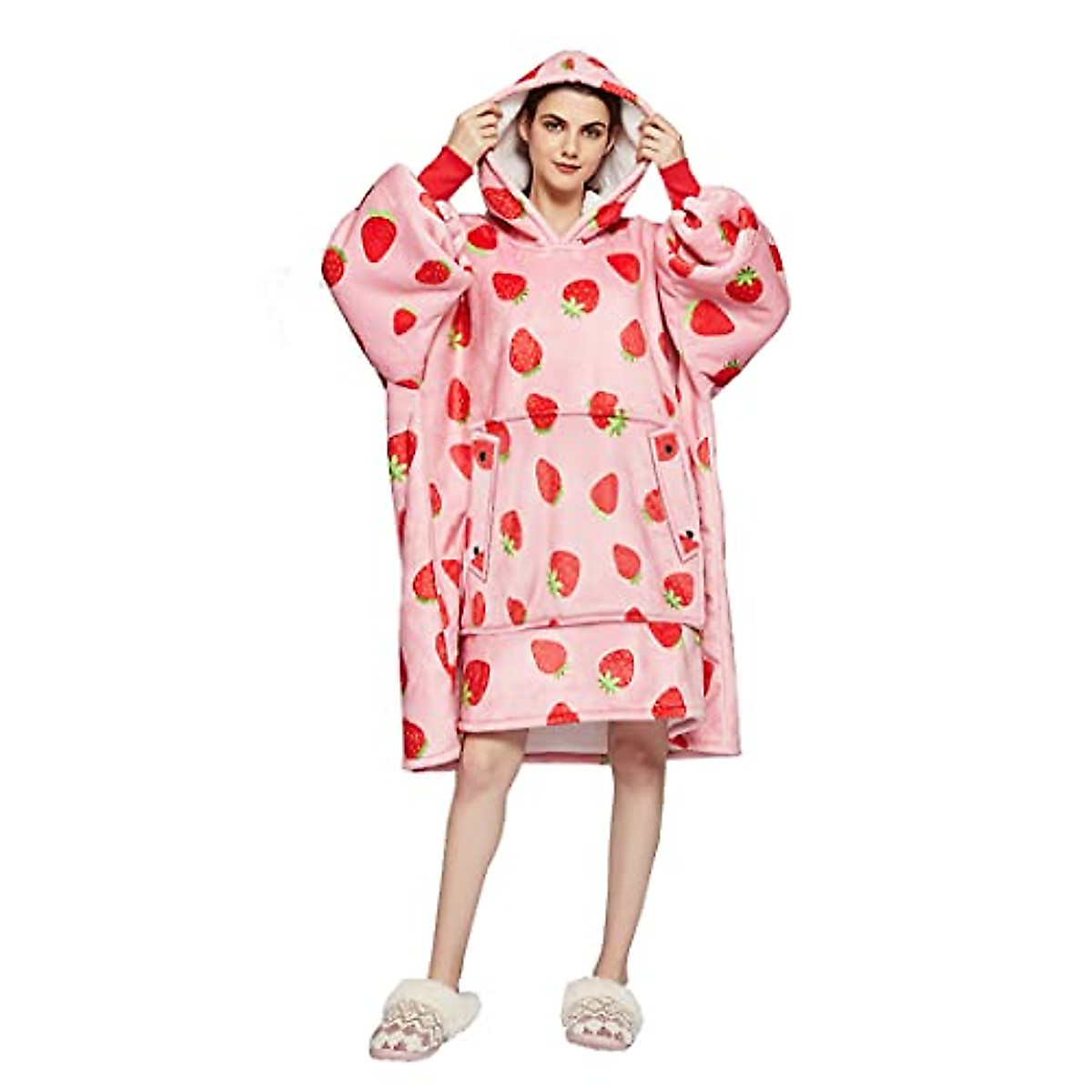 Hysunland Strawberry Wearable Blankets for Women Oversized Hoodie Sweatshirt with Kangaroo Pocket