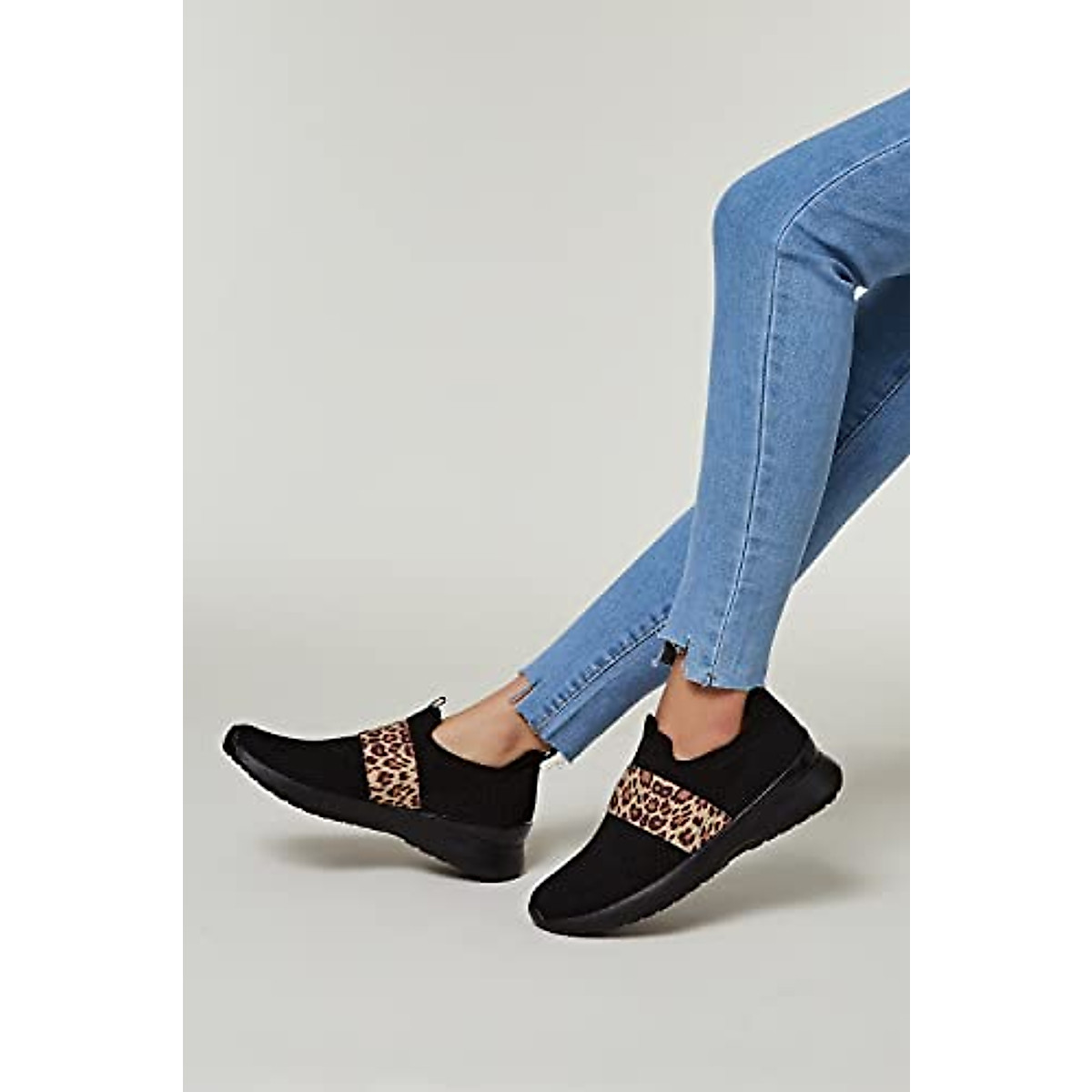 LUCKY STEP Women 's Mesh Slip on Fashion Sneaker Soft Comfortable Lightweight Walking Shoes(Black/Leopard,9 B(M) US)