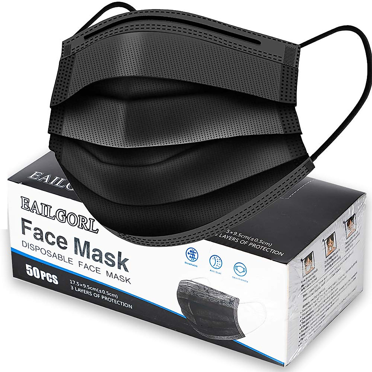 EAILGORL, Disposable 3 Layer Face Masks with Elastic Ear Band, Gray