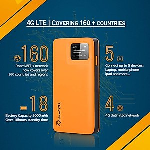 RoamWiFi 4G LTE WiFi Mobile Hotspot, Local & International Coverage Travel Router in 170+ Countries,No Contract or SIM Card Required,10 Connected Devices, US 50GB & Global 1GB Data 60Day