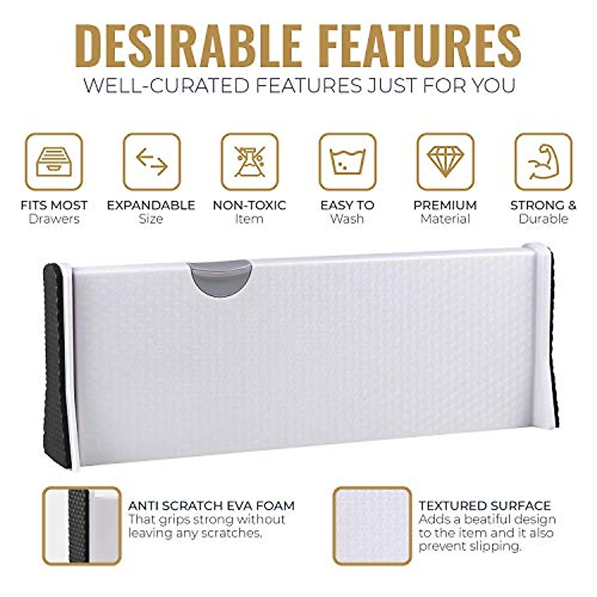 RAPTUROUS Deep Drawer Divider - 4 Inches High, Expands from 11-17 Inch, Adjustable Tall Dividers for Kitchen, Bedroom - Expandable Organizers for Clothes, Dressers etc - 8 Pack White Drawer Separators