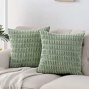 Fancy Homi 2 Packs Sage Green Decorative Throw Pillow Covers 18x18 Inch for Living Room Couch Bed Sofa, Soft Striped Corduroy Square Cushion Case 45x45 cm, Rustic Farmhouse Boho Home Decor