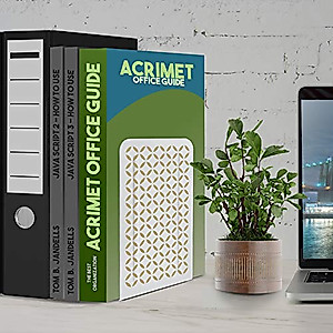 Acrimet Metal Bookends Design Series (Heavy Duty) (White Bookend with Gold Design) (1 Pair Pack)