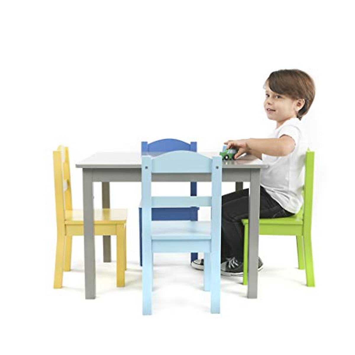 Humble Crew, Grey/Blue/Green/Yellow Kids Wood Table and 4 Chairs Set