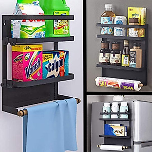 Magnetic Spice Rack, Strong Magnet 2-Tier Shelf with Paper Towel Holder, Magnetic Fridge Organizer for Refrigerator in Kitchen
