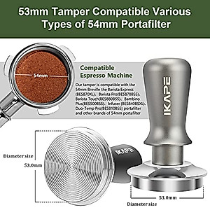 IKAPE 53mm Espresso Tamper, Premium Barista Coffee Tamper with Calibrated Spring Loaded, 100% Flat Stainless Steel Base Tamper Fits for Breville Series 54mm Portafilter Basket