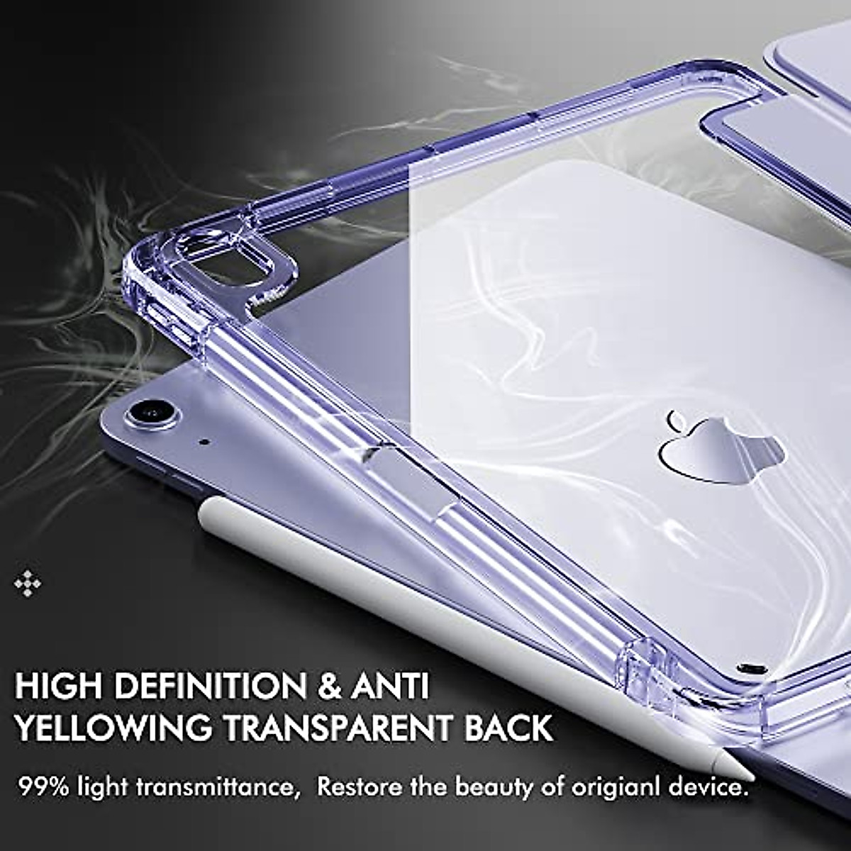 INFILAND Compatible with iPad Air 5th Generation Case 2022, iPad Air 4th Generation Case 2020 10.9 inch with Crystal Clear Back & Pencil Holder [Support Pencil Wireless Charging] English Lavender