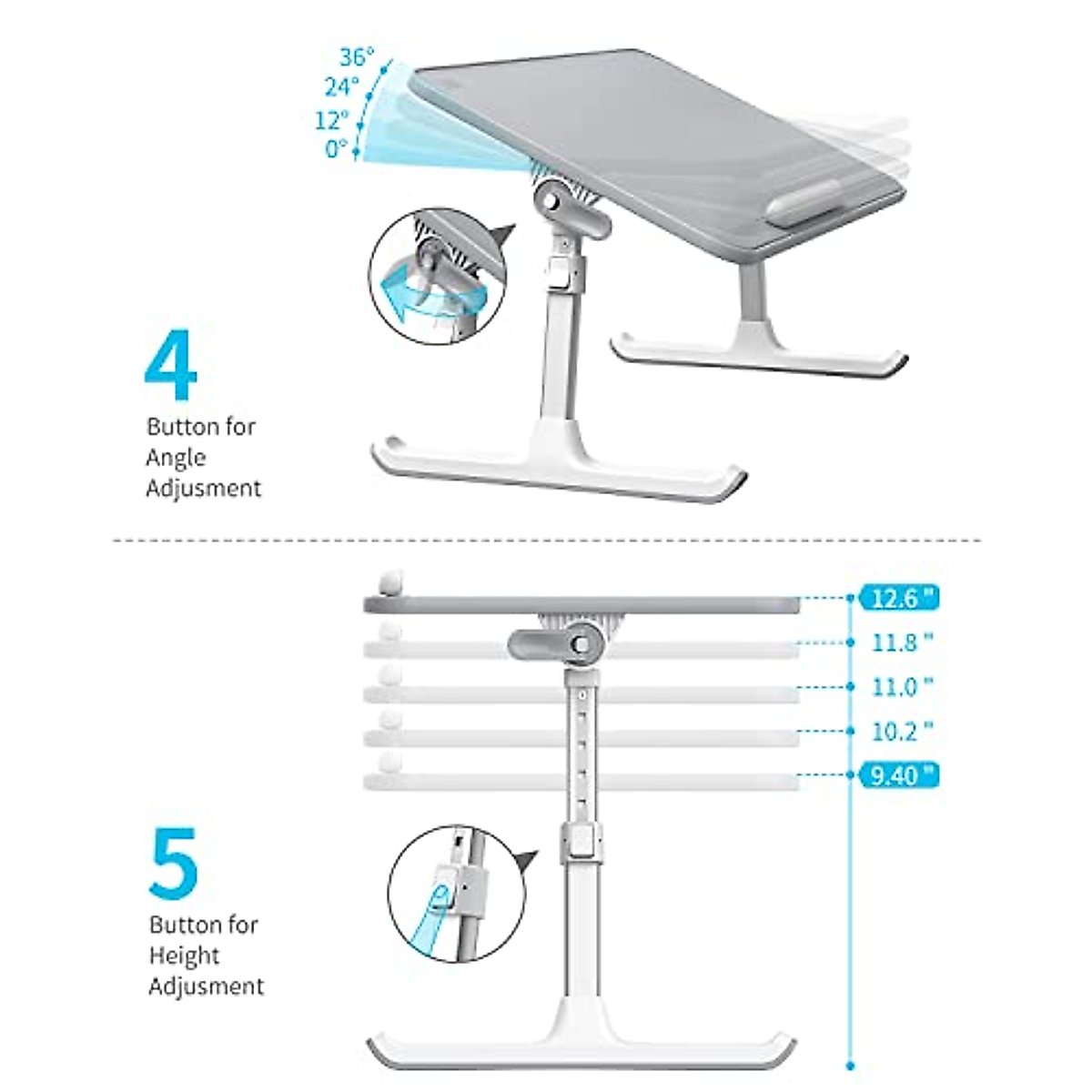 SAIJI Leather Laptop Bed Tray Table, Adjustable Laptop Stand with Removable Stopper, Portable Lap Desks with Foldable Legs, Notebook Stand Breakfast Reading Desk for Sofa Couch(Medium,Gray)