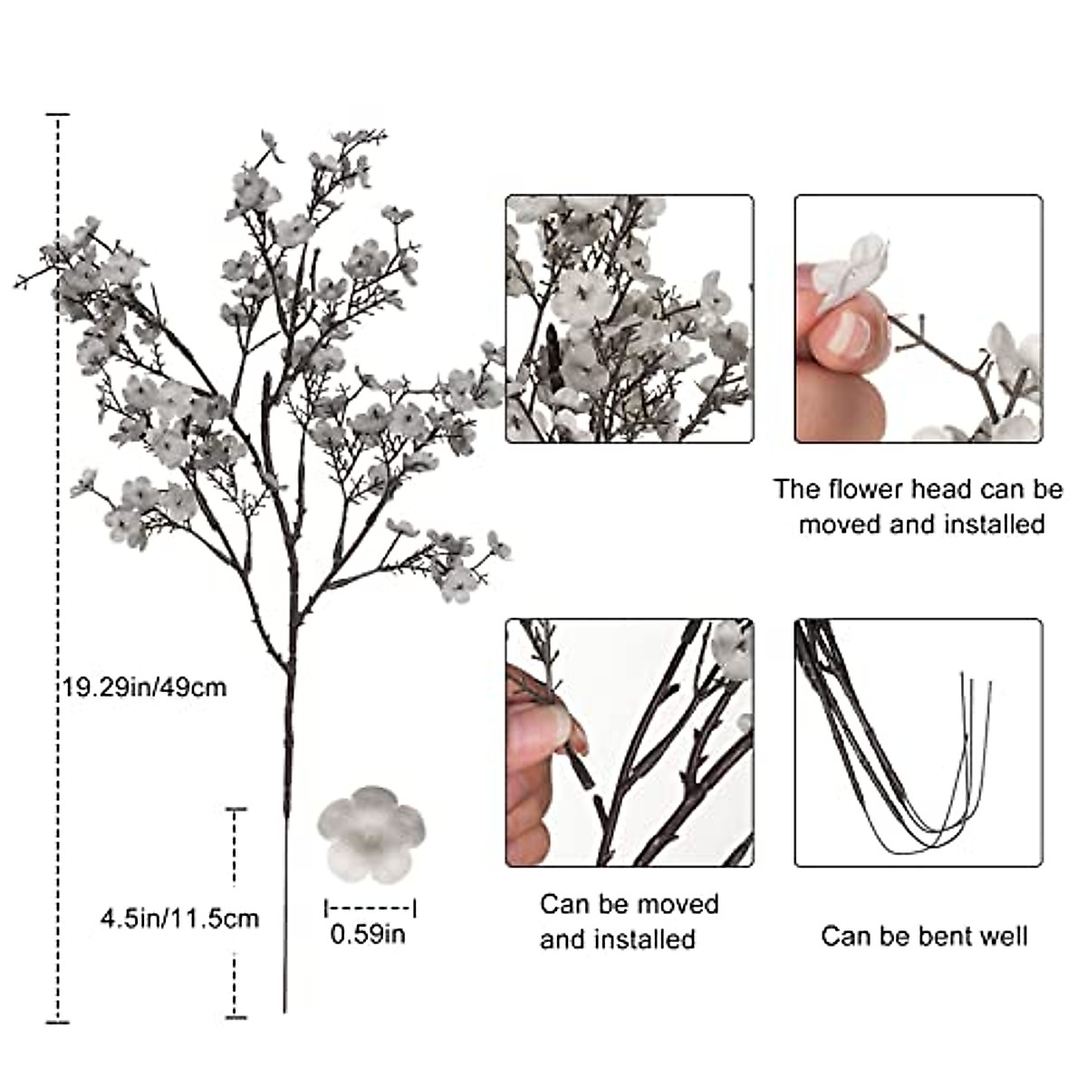 Momkids 6pcs Babys Breath Fabric Cloth Artificial Flowers Fake Gypsophila Bouquet Faux Silk Floral for Bulk Real Touch Fall Flower Arrangements Kitchen Wedding Home Decor (Grey)
