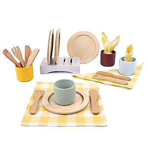 Pillowhale Wooden Toy Plates and Dishes Set,Play Kitchen Cutlery and Plate Set,21Piece Kids Kitchen Playset Accessories for Toddlers Boys Girls Ages 3+