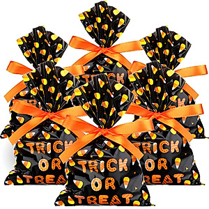 Tenare 100 Pcs Halloween Cellophane Treat Bags Plastic Goodie Candy Bags Corn Wrapped Gift Loot Bags with 22 Yards Ribbon for Trick Treating Class Parties Favor Crafts, 6 x 9 Inch