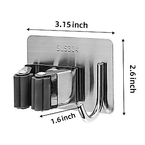 AISIDERK 4Pcs Broom and Mop Holder, Stainless Steel Broom Storage Holder, Self Adhesive Anti-Slip Adhesive Hook Broom Holder Wall Mount, Mop Gripper with Hook for Kitchen Bathroom Closet Garden Garage