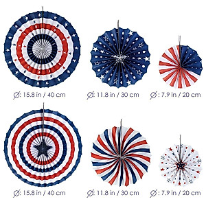 Risshine 4th/Fourth of July Patriotic Party Decorations Set- Red White/Silver Blue Star Streamers and 6Pcs Red White Blue Hanging Paper Fans for American Independence Day Party Decor Supplies