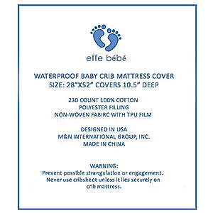 effe bébé Baby Crib Mattress Pad Cover Protector- Toddler Bed Mattress Cover- Crib Mattress Topper, 100% Silken Soft Cotton top, TPU Waterproof Film Backing 28”x52”x10”