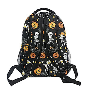 JIPONI Halloween Pumpkin Skull Skeleton Backpack For Women Men, Student School Bag Bookbag Travel Laptop Backpack Purse Daypack