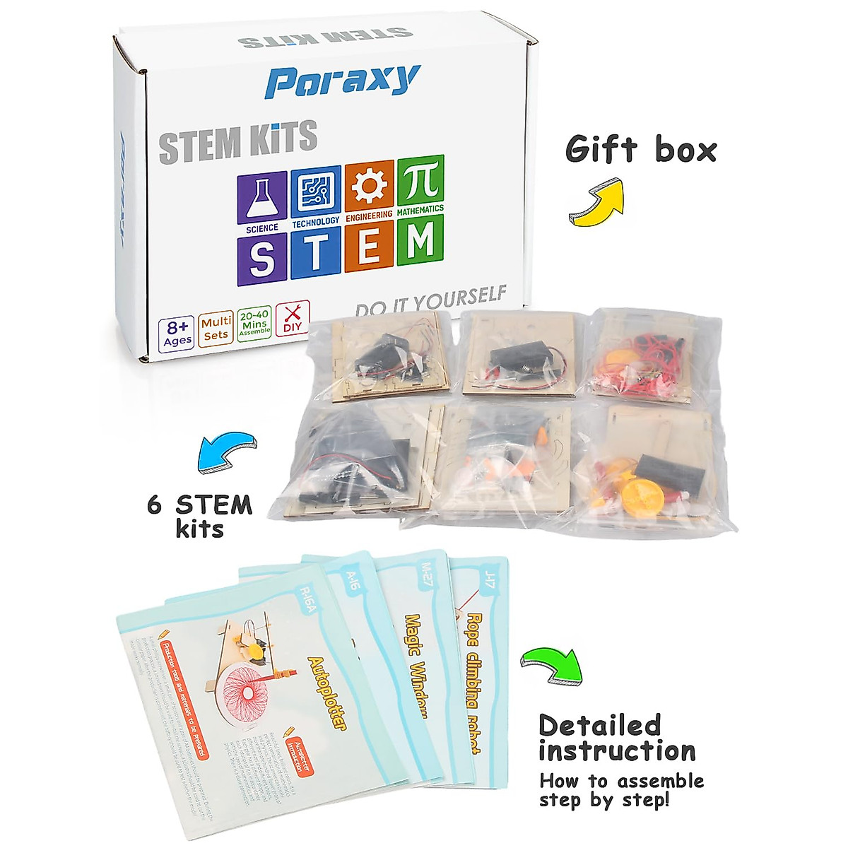 Poraxy 6 in 1 STEM Toys for Kids Ages 8-12, STEM Kits, 3D Wooden Puzzles, Educational Science Projects Building Model Kits, Birthday Gifts for Boys and Girls Ages 7 8 9 10 11 12 13 Years Old