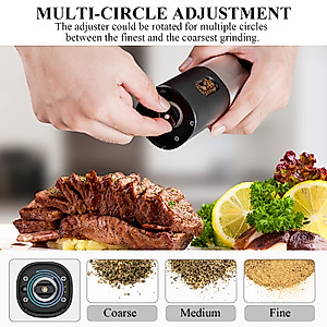 Electric Salt and Pepper Grinder, Automatic Pepper Mill with LED Light, Adjustable Coarseness, Battery Powered, One Hand Operated Refillable for Kitchen Resturant BBQ, Stainless Steel Black