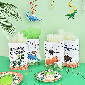WERNNSAI Watercolor Dinosaur Party Bags - 16 Pack Dinosaur Party Favor Bags for Boys Kids Dino Theme Party Supplies Candy Treat Goodies Gift Bags with Handle
