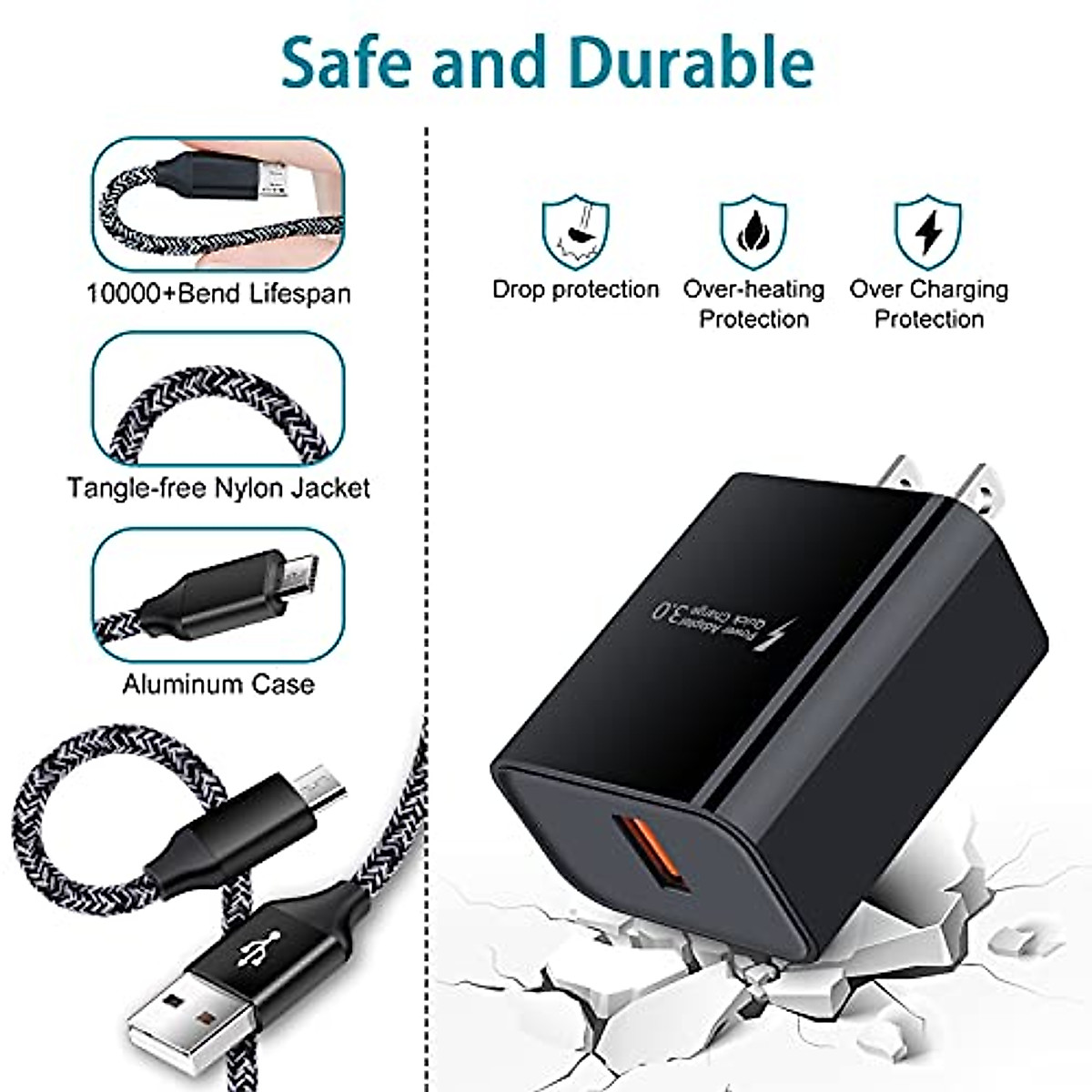 Adaptive Fast Charger Android Charger for Samsung Galaxy S7 Edge S6 S5 J3 J3V J7 J7V J5,Moto G5 G4 E6 E5 E4,LG Stylo 3 2 G4 K50 K40 K22 K20,Tablet,Android Phone,HTC, 3ft Fast Charging Micro USB Cable