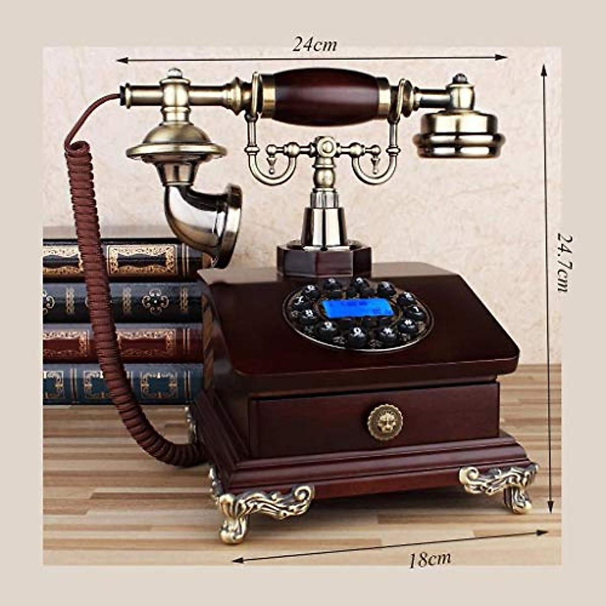 DSDD Retro Phone,Antique Style Telephone with Wood and Metal Body, Functional Rotary dial and Socket Red Telephone,Office,Hotel