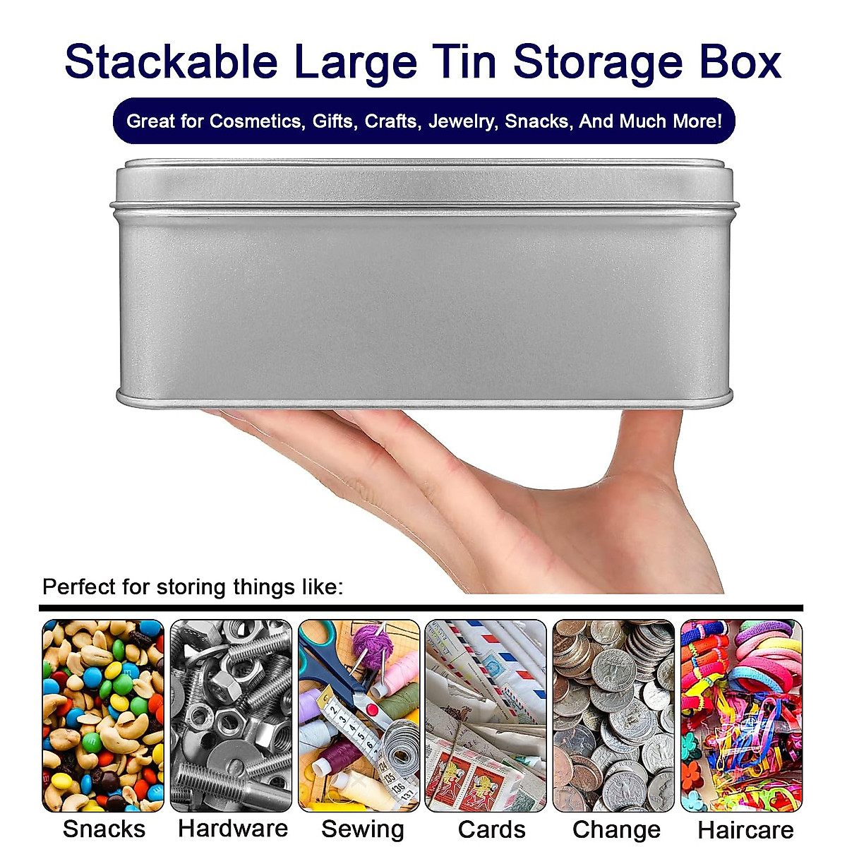 Silver Metal Tin Box with Secure Lid – Large Multipurpose Tin Can Storage Container for Jewelry, Crafts, Cookies, Pills, Gifts, Pencils and More - For Home and Office - 7.8 x 6 x2.8 inches