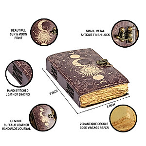 Sun & Moon Vintage Leather Journal for Men & Women 200 Pages of Antique Handmade Deckle Edge Vintage Paper, Leather Sketchbook, Drawing Journal, Printed leather Journal, Great Gift (7 x 5 Inch)