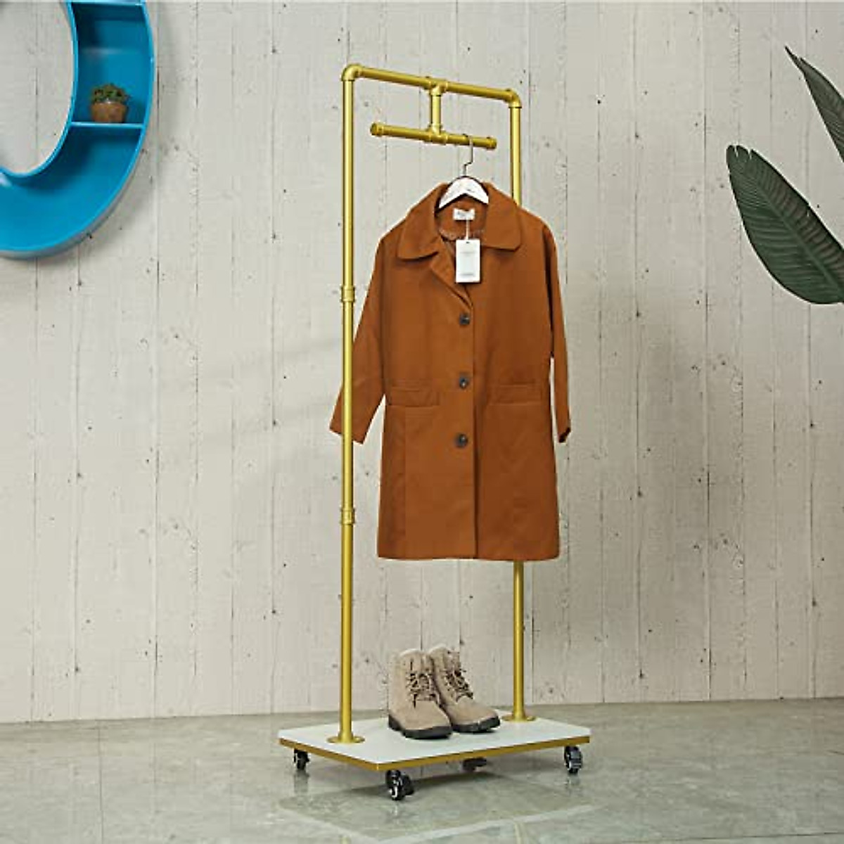 MDEPYCO Clothing Store Rolling Garment Rack with Wheel,Industrial Pipe Clothing Storage Display Rack,Floor-Standing Hanging Rods Hangers Clothes Shelves (Gold)