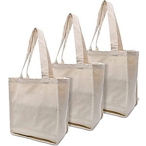 Canvas Grocery Bag - 3 Pack Large Organic Cotton Fabric Bags with Handles & Interior Pockets, Reusable Eco-Friendly Blank Cloth Totes for Groceries, Shopping, Sublimation, Travel, Bulk - 13.5x16.5x8