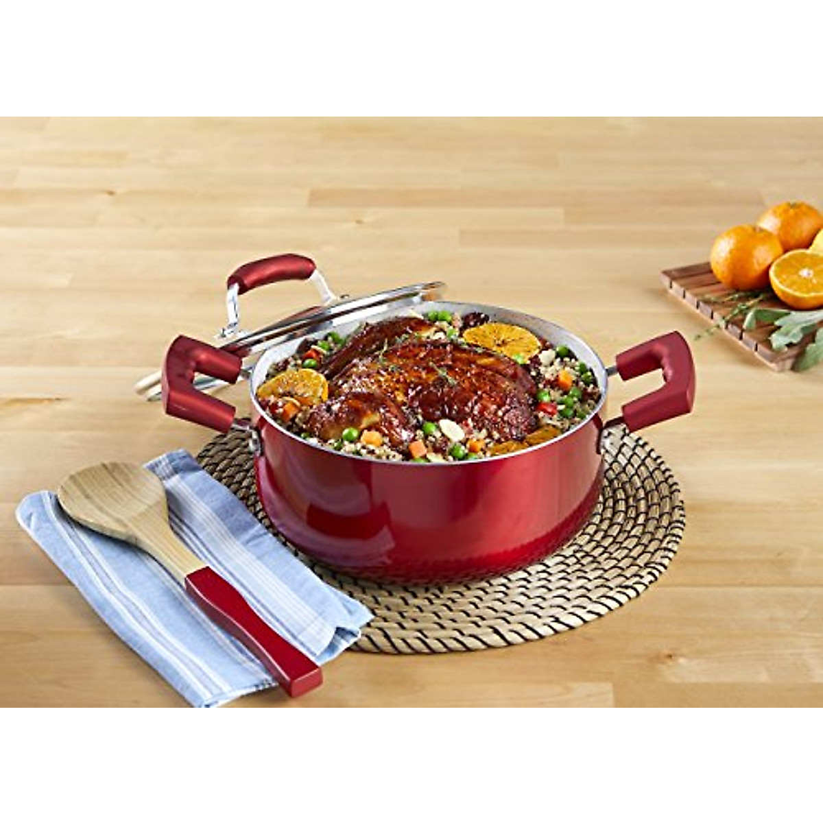 IMUSA USA 4.9Qt Ruby Red Nonstick Dutch Oven with Glass Lid and Soft Touch Handles, 5 Quarts