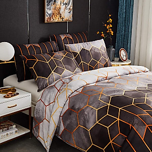 iyoimono Grey Geometric Geo Duvet Cover Set Gold Line Checkered Plaid Bedding Set Reversible Black King Size Quilt Comforter Cover with Zipper Closure Winter Summer Duvet Cover and 2 Pillow Shams