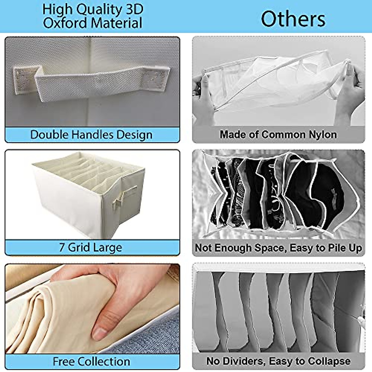 Wardrobe Clothes Organizer for Folded Clothes, Upgrade Closet Organizers With 7 Grids Clothes Folding Storage with Handle Cotton Fabric Closet Storage 2PC (Gray and Beige Cotton Material) (oxford fabric)