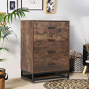MELLCOM Chest of Drawers, Industrial Tall Dresser with 4 Drawers,Wood Storage Cabinet with Sturdy Metal Frame, Organizer Unit for Bedroom, Living Room, Hallway, Dark Brown