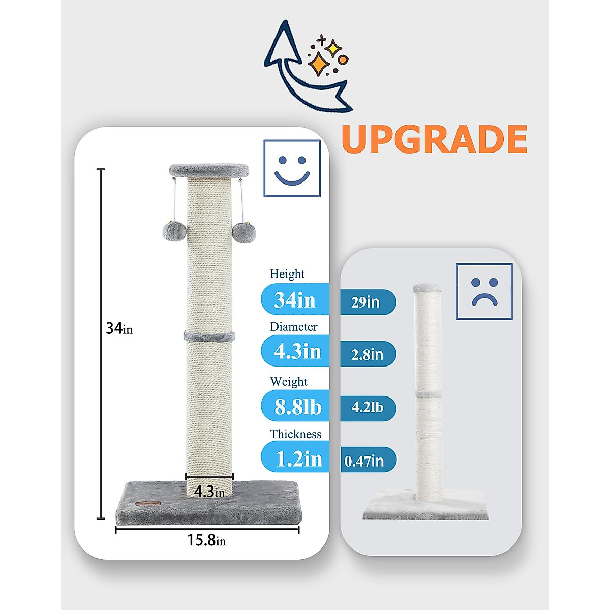 Kilodor 34Inch Tall Cat Scratching Post,4.3Inch Diameter Large Sisal Cat Scratch Post with Ball, Sturdy and Durable Cat Scratcher for Indoor Cats Adults Grey