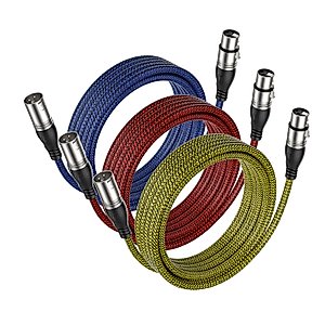 NUOSIYA XLR Cables, Microphone Cable Nylon Braided Colored Patch Cable Mic Cables, Double Shielded Balanced Cables for Microphone Audio Mixer Speaker System (50ft, Nylon Braided, 3 Colors Packs)