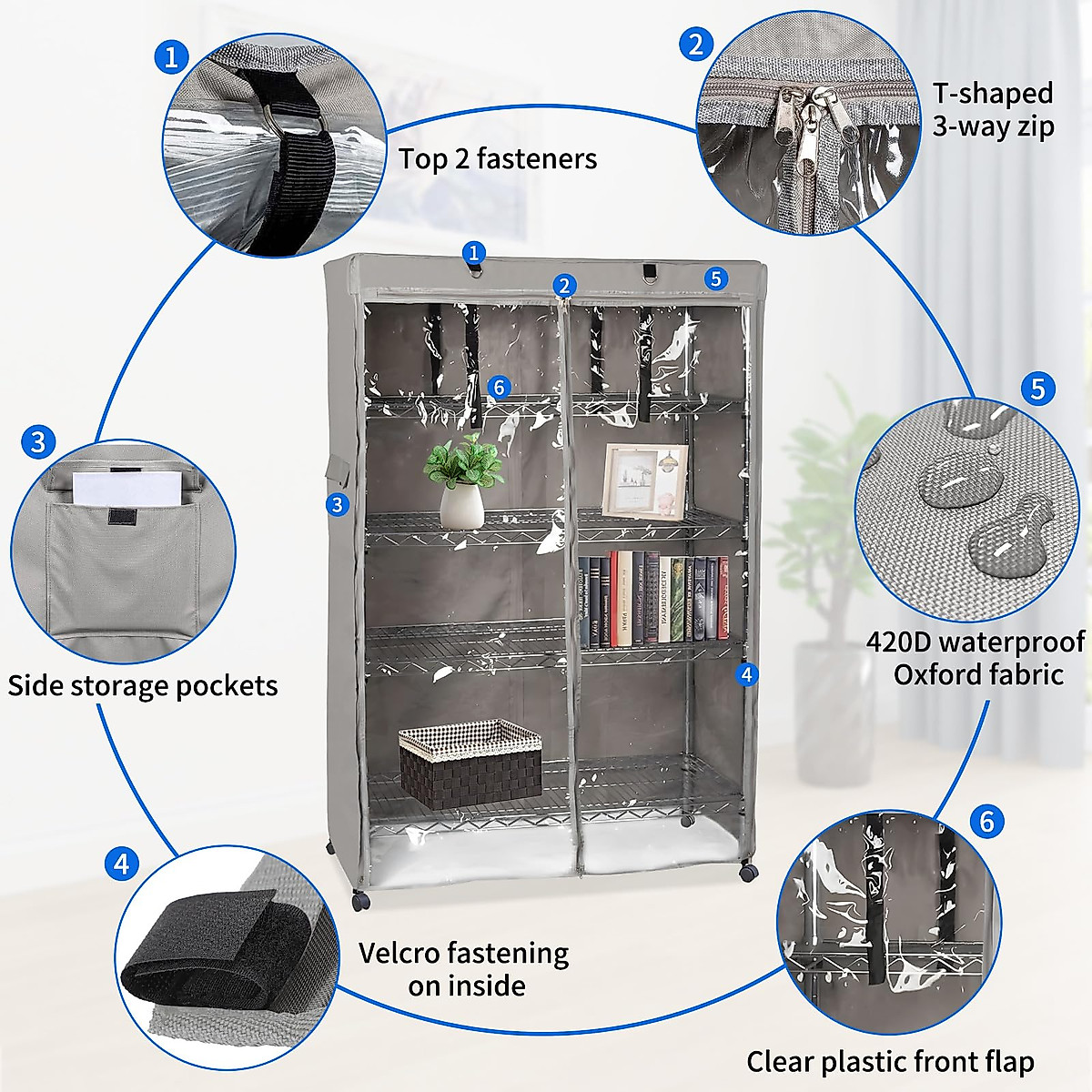COSHNIBI Storage Shelf Cover, Premium Clear Front Shelf Cover for 48Lx18Dx72H Shelves, Keeps Garage Kitchen Clean T-Shaped 3-Way Zipper, One Side See-Through Panel (Cover Only)