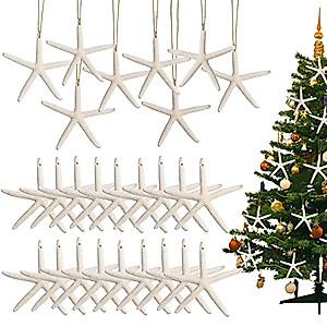 20 PCS Christmas Natural Starfish Ornaments 3-4'' + Beaded Starfish Garland Christmas Decorations 80Inch