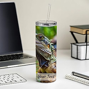 Personalized Custom Name Text Water Dragon Lizard Reptile Skinny Tumbler 20oz with Straw Insulated Water Bottle Gift - 1 Line Horizontal