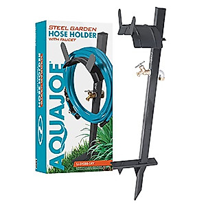 Aqua Joe SJ-SHSBB-GRY Steel Garden Hose Stand with Solid Brass Faucet, w/Quick Install Anchor Base