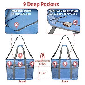 F-color Mesh Beach Bag, 9 Pockets Oversized Beach Tote Bag with Zipper Pool Beach Bag, Blue