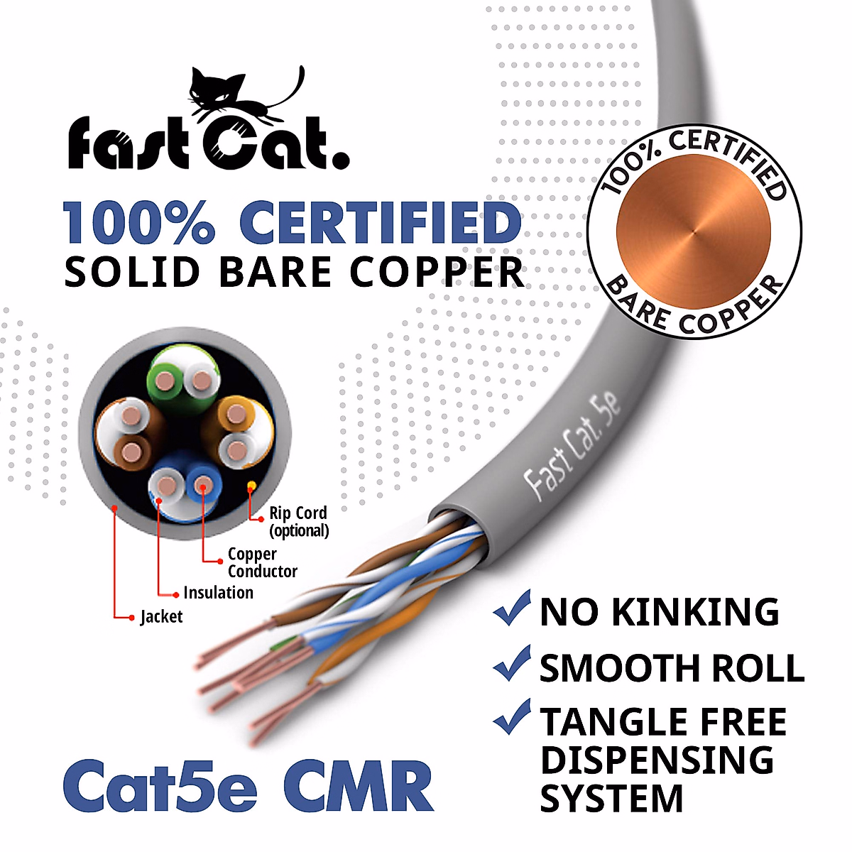 fast Cat. Cat5e Ethernet Cable 1000ft - 24 AWG, CMR, Insulated Bare Copper Wire Cat 5 ethernet Cable with FastReel - 350MHZ / Gigabit Speed UTP Cable Cat5e - CMR (Black)