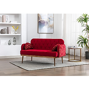 Small Velvet Couch, 55" Accent Sofa, Mid Century Modern Velvet Fabric Couch, Recliner Couch Accent Sofa Loveseat Sofa with Metal Feet, 600 Pounds Weight Capacity (Red, 55")