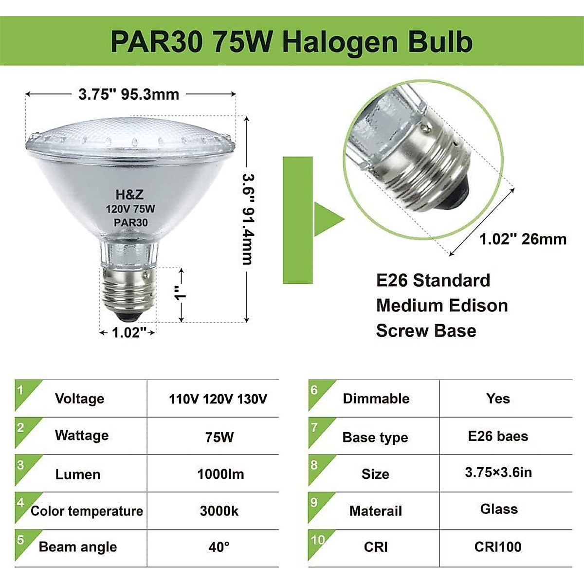 H&Z Par30 Short Neck, 6 Pack High Output Par30s Halogen 75W 120V, Par30 Dimmable Warm White 3000K, 75W Par30 Flood Light with E26 Medium Base for Recessed Trim Lighting, Track Light