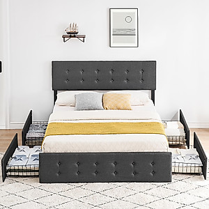 IDEALHOUSE Queen Bed Frame with 4 Storage Drawers,Grey Queen Size Upholstered Platform Bed Frame with Headboard and Wooden Slats Support No Box Spring Needed