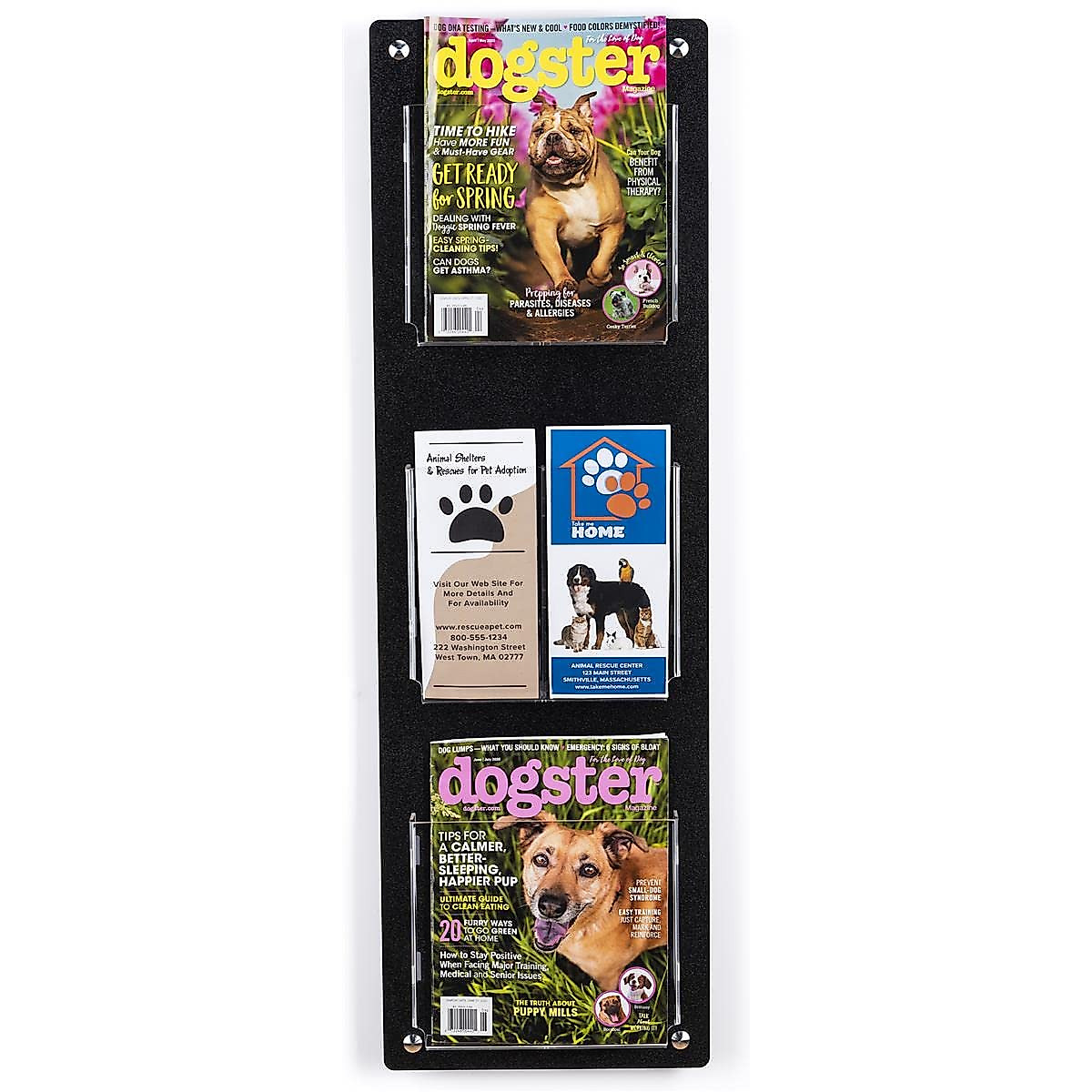 Displays2go Tiered Magazine Holder for Wall, 3-6 Adjustable Pockets, Frameless Acrylic - Black (2RP3BLK)