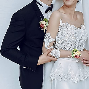 Wedding Wrist Corsage and Boutonniere Set of 6, Dusty Rose Artificial Wristlet Band Flowers for Bride and Bridesmaids, Boutonniere with Pin for Groom and Groomsman, Formal Dress Accessories for Prom