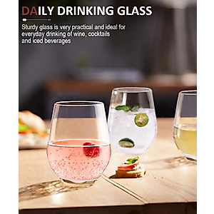 OJA Stemless Wine Glasses Set of 4, Premium Crystal Red White Wine Glasses, No Stem, Clear-15oz, Sturdy Drinking Glass for Daily Use, Birthday, Wedding, Home Party, Anniversary, Shower Gift