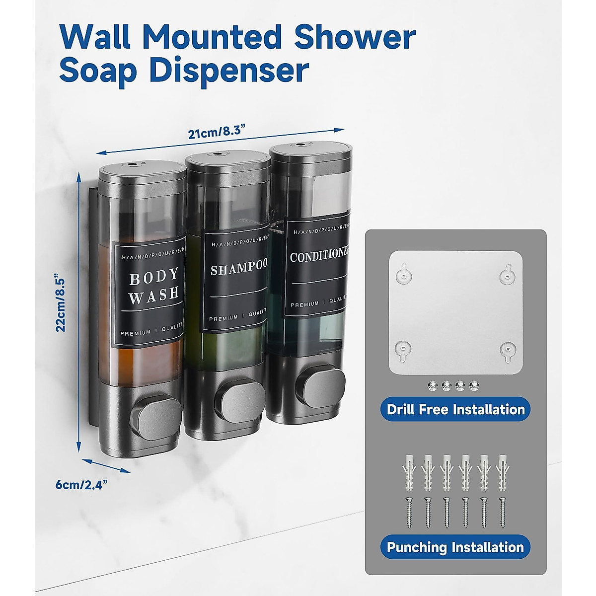 Cabo Deseado Shower Soap Dispenser Wall Mounted No Drill Shampoo Dispenser for Shower Wall Shampoo and Conditioner Dispenser Bathroom Hotel 3 * 300ml Gungray with Labels