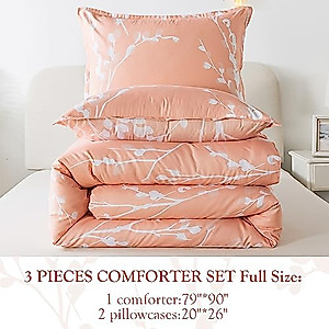 Andency Blush Pink Comforter Set Full Size (79x90 Inch) - Reversible Flower Plum Blossom Bed Set 3 Pieces Soft Lightweight Microfiber Branches Comforter Bedding Set