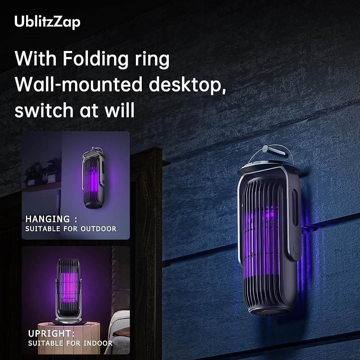 UblitzZap Bug Zapper Indoor Outdoor, Electric Mosquito Trap & Insect Killer with Silent Fan & Auto On/Off, Blue Violet Lamp for Moths, Gnats, Flies for Home, Patio, Office, Courtyard