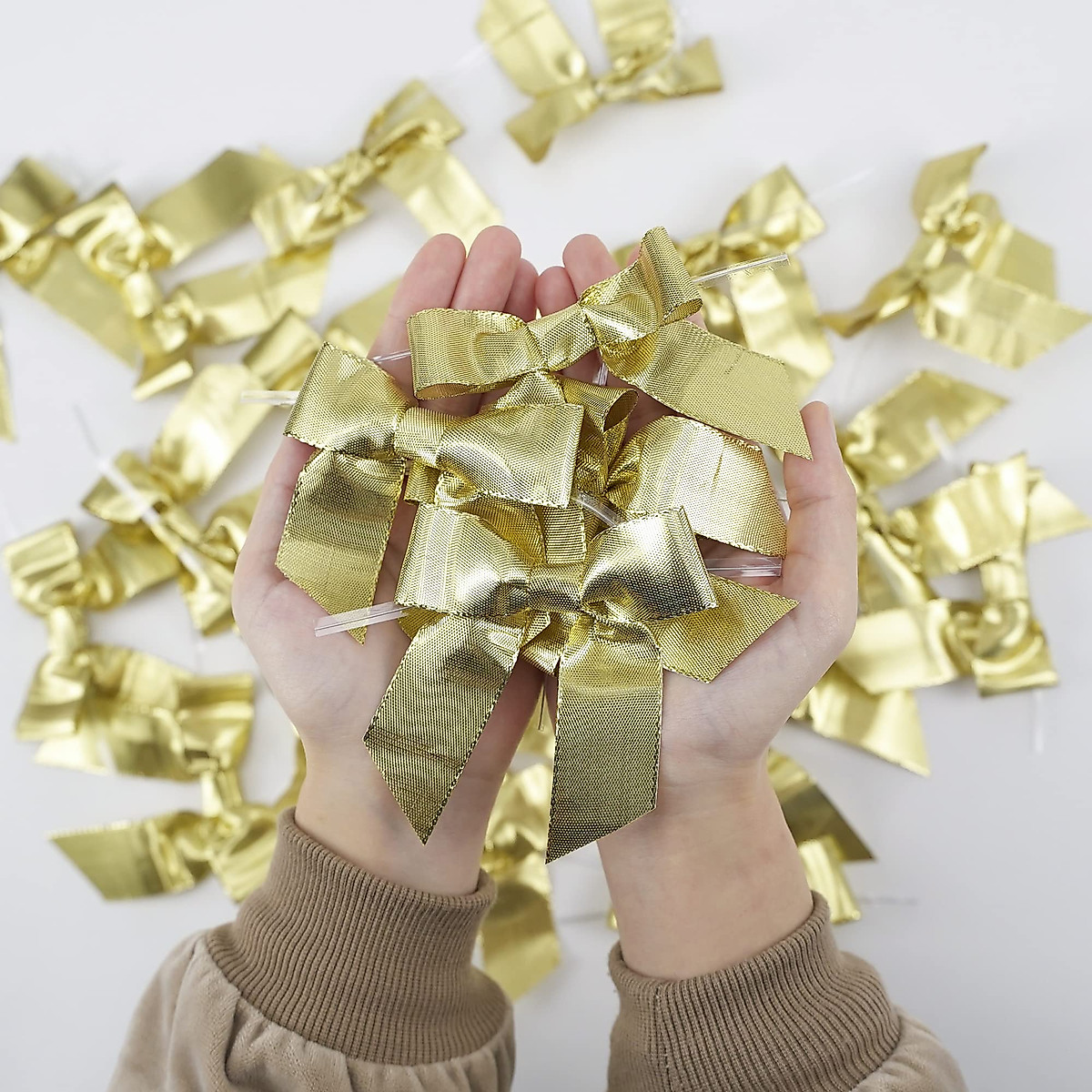 AIMUDI Silver Bows for Christmas Tree 3 Inch Small Silver Bows for Gift Wrapping Silver Twist Tie Bows for Treat Bags Premade Metallic Bows for Crafts, Wreaths, Party Favors, Goodie Bags - 24 PCs